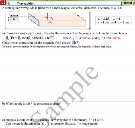 Solved U 6 Waveguides Spring 20 A Rectangular Waveguide Is