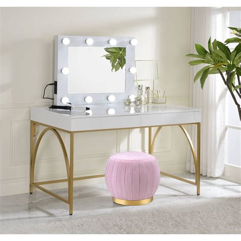 Hokku Designs White High Gloss Vanity Desk With Gold Accents 2 Storage Drawers 18mm Top Metal