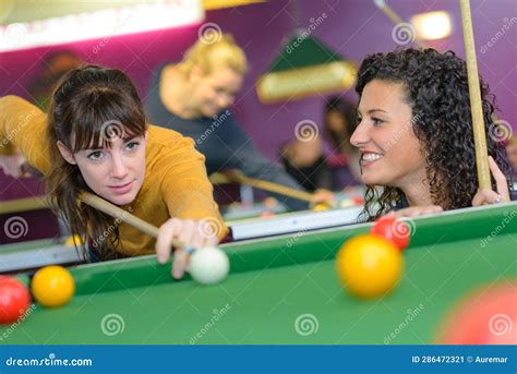 Two Teenage Girls Playing Pool Stock Image Image Of Student Long