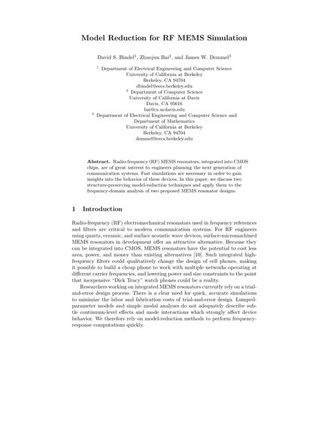 Pdf Model Reduction For Rf Mems Simulation