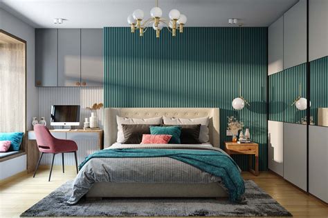 Master Bedroom Design With Teal Fluted Panelled Accent Wall 15x13 Ft