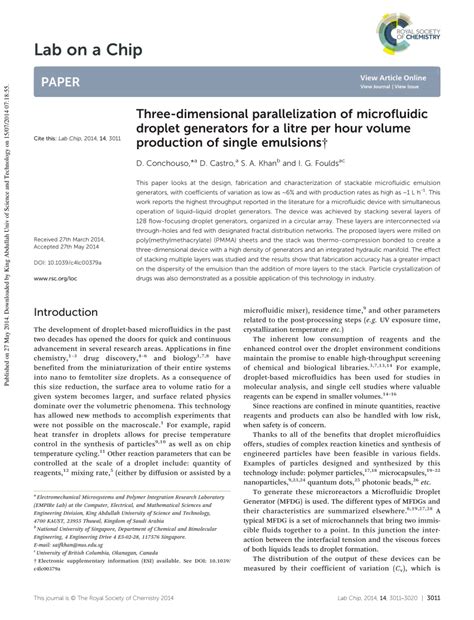 Pdf Three Dimensional Parallelization Of Microfluidic Droplet Generators For A Litre Per Hour