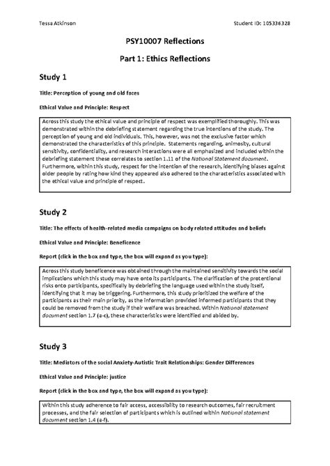 Assignment 2 Brainandbehaviour Psy10007 Psy10007 Reflections Part 1 Ethics Reflections Study