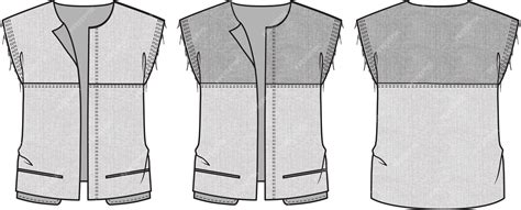 데님 양복 조끼 전면 및 후면 부분 평면 스케치 기술 드로잉 벡터 일러스트 템플릿 프리미엄 벡터