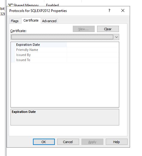 sql express 2012 unable to select force encryption option in sql
