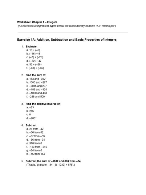Worksheet Chapter 1 Integers Pdf Multiplication Integer