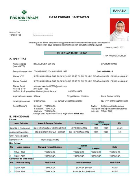 Form Biodata Karyawan Rspi Ria Kusuma Suhud Pdf