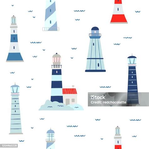 원활한 등대 패턴 등대와 바다 파도 벡터 패턴 해상 원활한 배경 건물 외관에 대한 스톡 벡터 아트 및 기타 이미지 건물 외관
