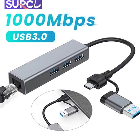Usb Type C To Lan Adapter 3 Port Usb 3 0 Hub With Rj45 1000mbps Lan Network Ethernet Converter