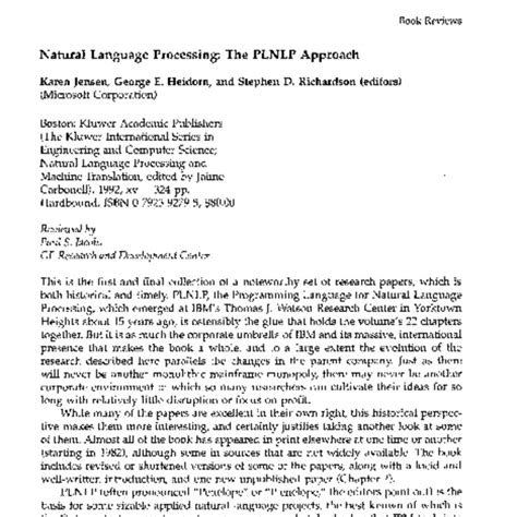 Book Reviews Natural Language Processing The Plnlp Approach Acl