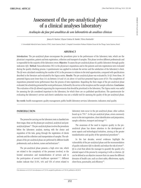 Pdf Assessment Of The Pre Analytical Phase Of A Clinical Analyses Laboratory