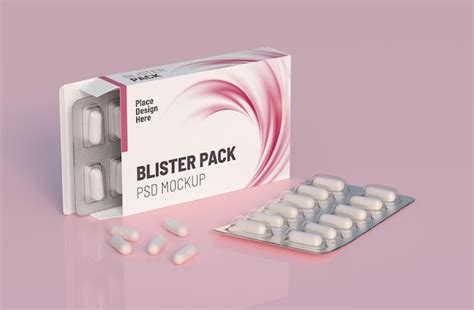 포장 상자 3d 렌더에 흰색 알약 캡슐이 있는 두 개의 물집이 있는 모형 템플릿 프리미엄 Psd 파일