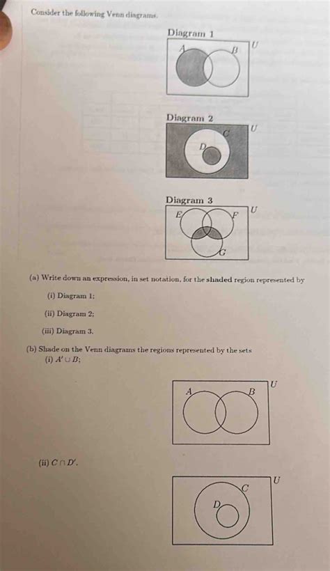 Consider The Following Venn Diagrams Diagram 1 U Diagram 2 A Write Down An Expressi [math]