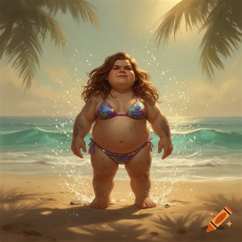 A Stylized Dwarf Woman In A Colorful Bikini Stands In The Shallow Ocean