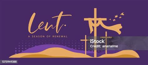보라색 배경 벡터 디자인에 비행 거품 질감과 새와 언덕에 갱신 텍스트와 금 세 십자가의 계절 사순절 종교적 축하 의식에 대한
