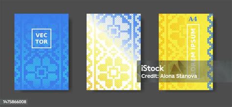 우크라이나어 파란색과 노란색 현대 커버 세트입니다 포스터 카탈로그 잡지 보고서 제목 세트 벡터 A4 표지 디자인 우크라이나어 색상 에트닉 기하학적 장식 프린트 패턴 0명에