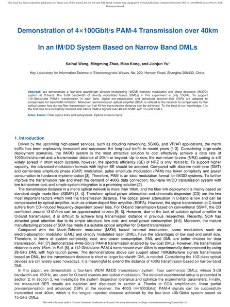 Pdf Demonstration Of 4×100gbits Pam 4 Transmission Over 40km In An Imdd System Based On