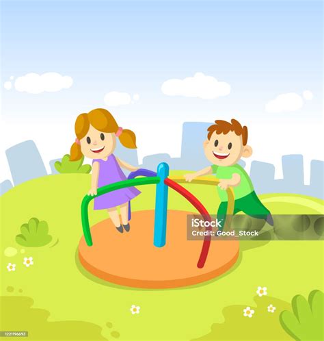 소녀와 소년은 도시와 푸른 하늘 Backgroun에 레크리에이션 공원에서 작은 회전 목마에 타고 놀이 공원에서 어린이 게임 재미있는 만화 캐릭터 만화 벡터 평면 그림입니다