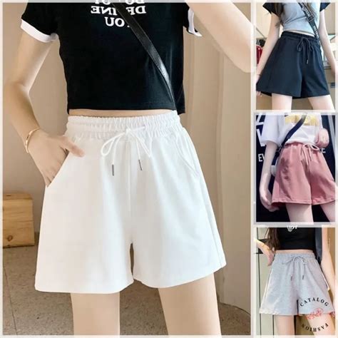 ꕥcatalog Fashionꕥ กางเกงขาสั้นเอวยางยืดทรงขากว้าง 4 สี มีเชือก ไม่มีกระเป๋า Th
