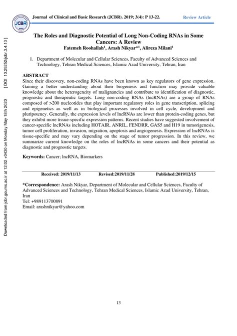 Pdf The Roles And Diagnostic Potential Of Long Non Coding Rnas In