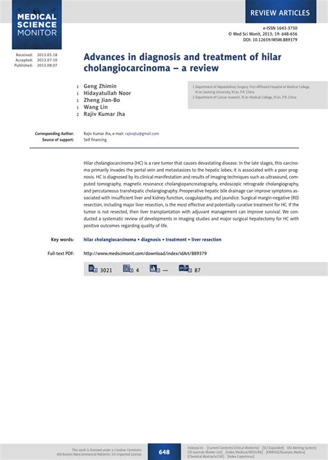 Pdf Advances In Diagnosis And Treatment Of Hilar Cholangiocarcinoma A Review