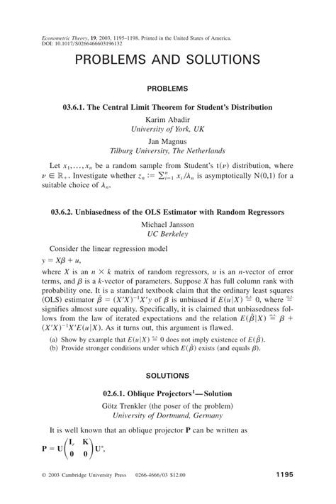 Pdf 0362 Unbiasedness Of The Ols Estimator With Random Regressors