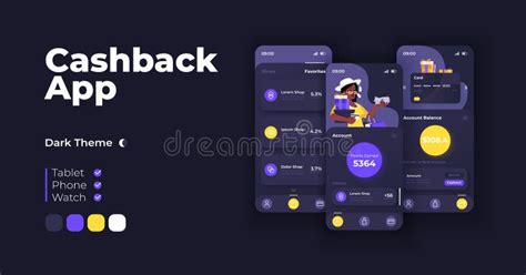 Cashback App Cartoon Smartphone Interface Vector Templates Set Mobile App Screen Page Night