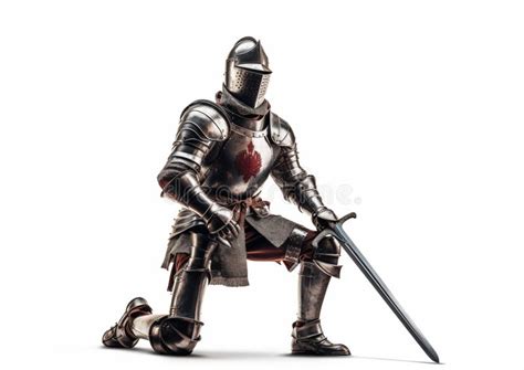 Medieval Knight In Full Plate Armor Kneeling With Sword On White