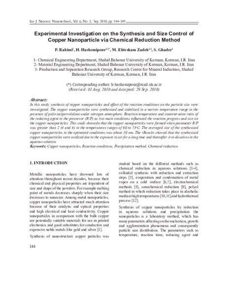 Pdf Experimental Investigation On The Synthesis And Size Control Of Copper Nanoparticle Via