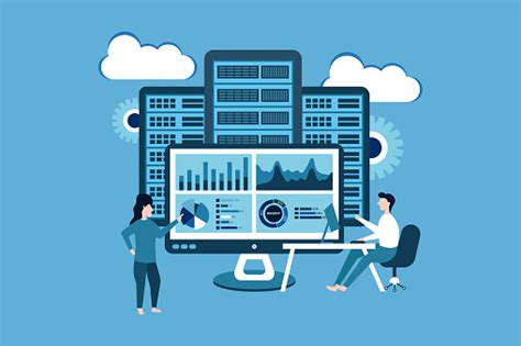 데이터 센터 스토리지 서버는 대시보드 모니터 개념에 대해 작업하는 관리자 및 개발자 팀과 클라우드에서 연결합니다 개념에 대한