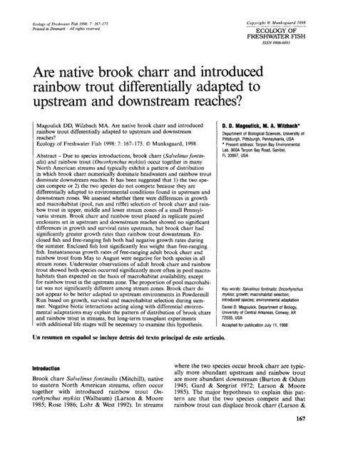 Pdf Are Native Brook Charr And Introduced Rainbow Trout Differentially Adapted To Upstream And