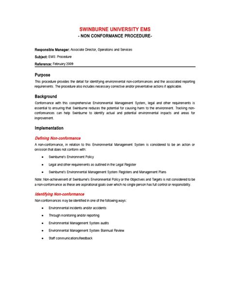 Non Conformance Procedure Pdf Environmental Policy Environmental Impact Assessment