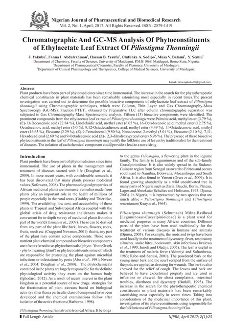 Pdf Chromatographic And Gc Ms Analysis Of Phytoconstituents Of Ethyl Acetate Leaf Extract Of