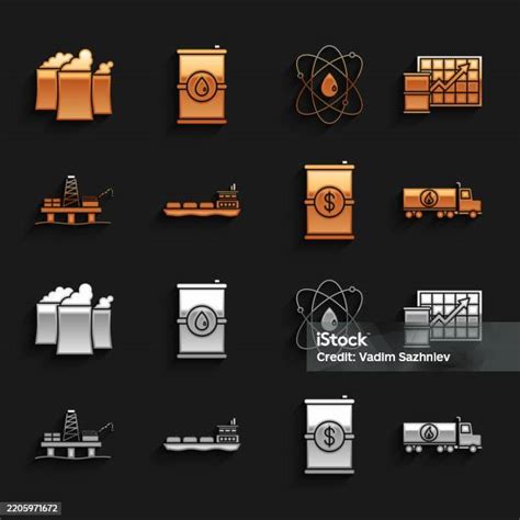 세트 유조선 가격 인상 유조 트럭 달러가 있는 배럴 오일 플랫폼 바다 원자 산업 공장 건물 및 아이콘 벡터 0명에 대한 스톡 벡터 아트 및 기타 이미지 Istock