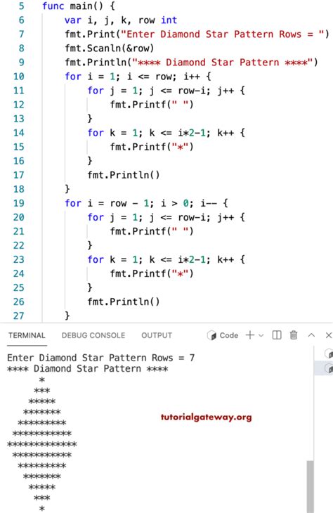go program to print diamond star pattern
