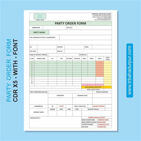 Party Order Form Design Cdr
