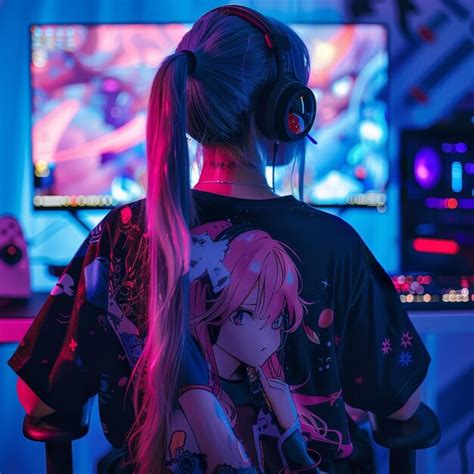 Premium Photo Cyberpunk Girl In Headphones Playing Video Games On The