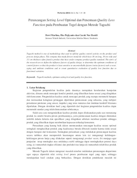Pdf Perancangan Setting Level Optimal Dan Penentuan Quality Loss Function Pada Pembuatan Tegel
