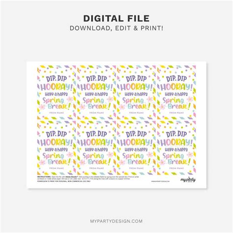 Spring Break Dip Dip Hooray T Tag Printable Pdf My Party Design