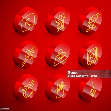 달 과 별 성 탑 마술 두루마리 지팡이 신의 모든 것을 보는 눈 타로 카드 돌 반지 및 마술사 모자 토끼 귀 아이콘을 설정합니다 벡터 3차원 형태에 대한 스톡 벡터 아트 및