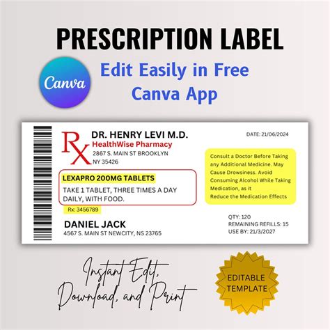 Editable Prescription Label Template Pill Bottle Label Rx Label Custom Prescription Label