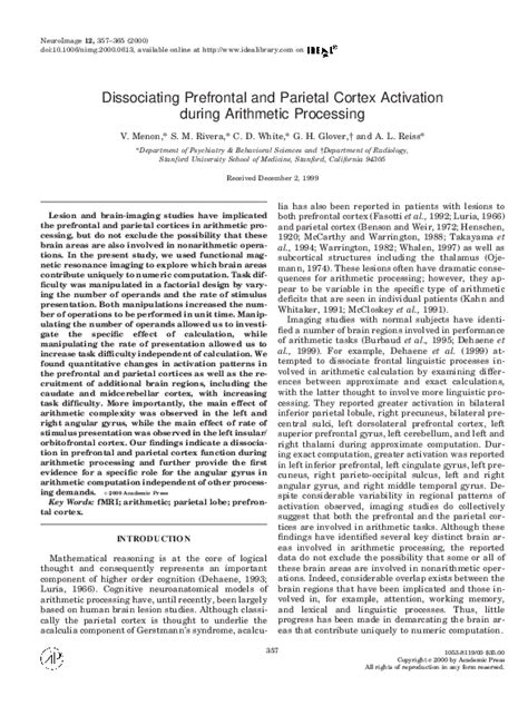 Pdf Dissociating Prefrontal And Parietal Cortex Activation During Arithmetic Processing