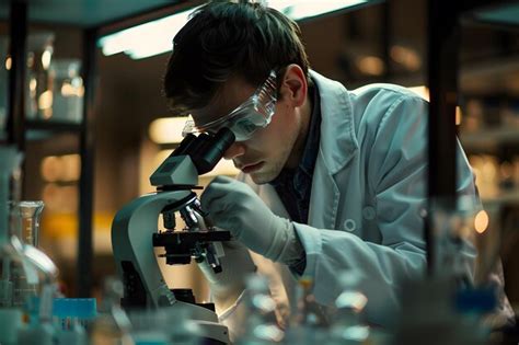 Focused Researcher Analyzing Samples Under A Microscope In A Laboratory Setting Premium Ai
