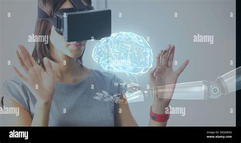 Using Virtual Reality Headset Woman Interacting With Robotic Hand And