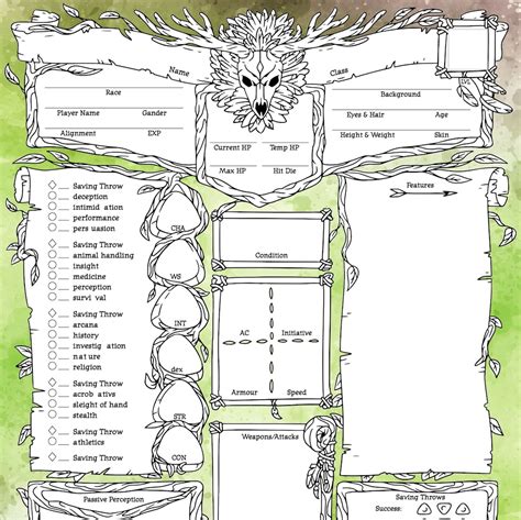 Editable Druid Character Sheet Forest Design Dnd 5e 4 Pdf Etsy
