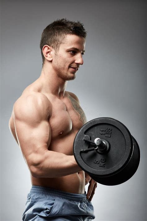 Biceps Curl With Dumbbell On Grey Background Stock Photo Image Of Biceps Leisure