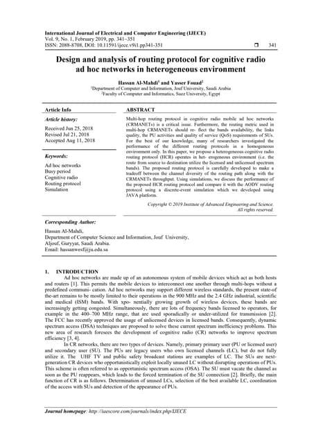 design and analysis of routing protocol for cognitive radio ad hoc