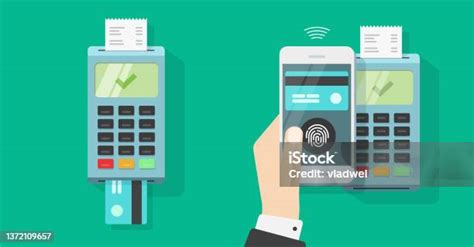 신용 은행 카드 및 모바일 휴대 전화 벡터를 통한 Nfc 지불 또는 Pos 단말기 지불 직접 무인 전자 비접촉식 거래 계산원 처리 디지털 기술 플랫 디자인 Brand