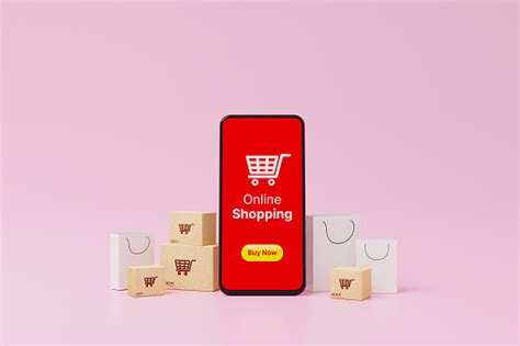 온라인 쇼핑 개념 웹 또는 모바일 응용 프로그램 전자 상거래 스마트 폰과 판지 종이 상자와 분홍색 배경에 쇼핑백 3d 렌더링 3차원 형태에 대한 스톡 사진 및 기타 이미지