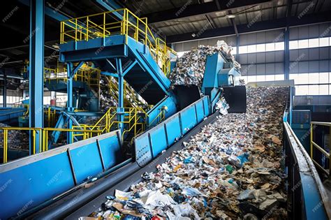 폐기물 분류 공장 다양한 가정 쓰레기로 채워진 다양한 컨베이어 및 통 컨베이어 폐기물 처리 및 재활용 폐기물 처리 공장 프리미엄 사진